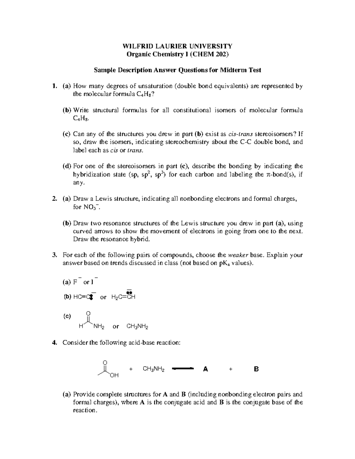 Midterm exam May 2014, questions - WILFRID LAURIER UNIVERSITY Organic Chemistry I (CHEM 202 ...
