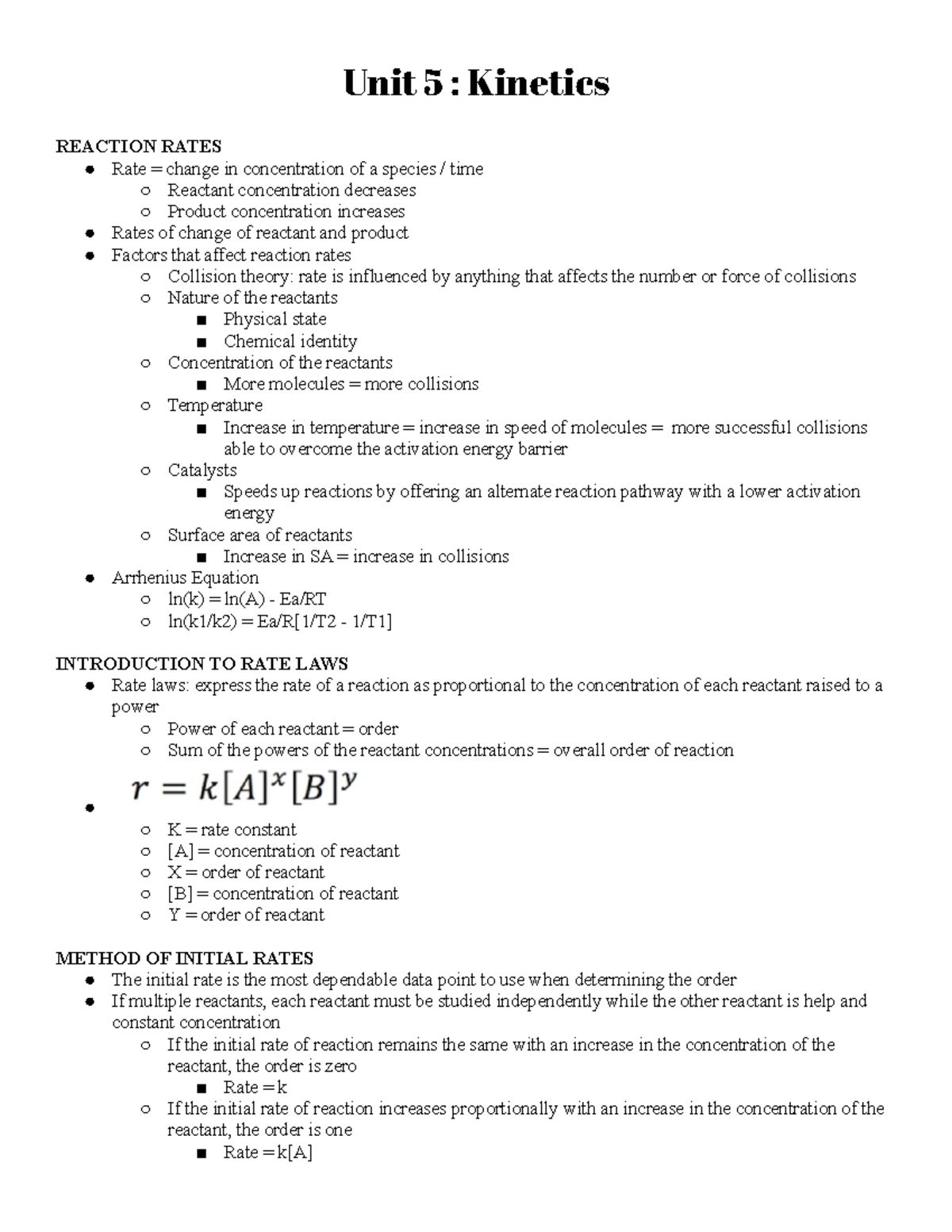 AP Chemistry Unit 5 Review 3 Unit 5 Kinetics REACTION RATES Rate