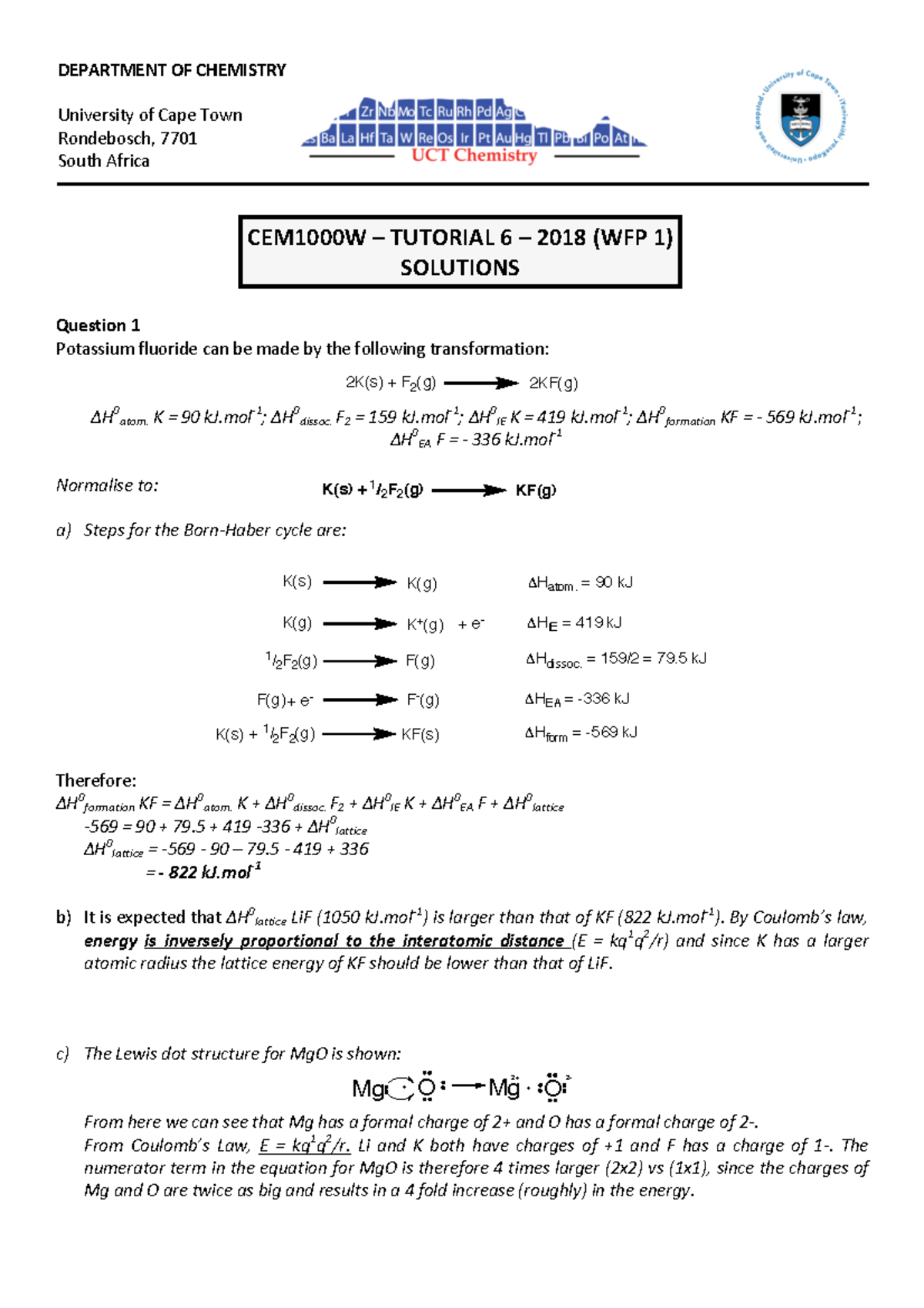 CEM1000W - Tutorial 6 - WFP1 - Solutions - DEPARTMENT OF CHEMISTRY University of Cape Town - Studocu