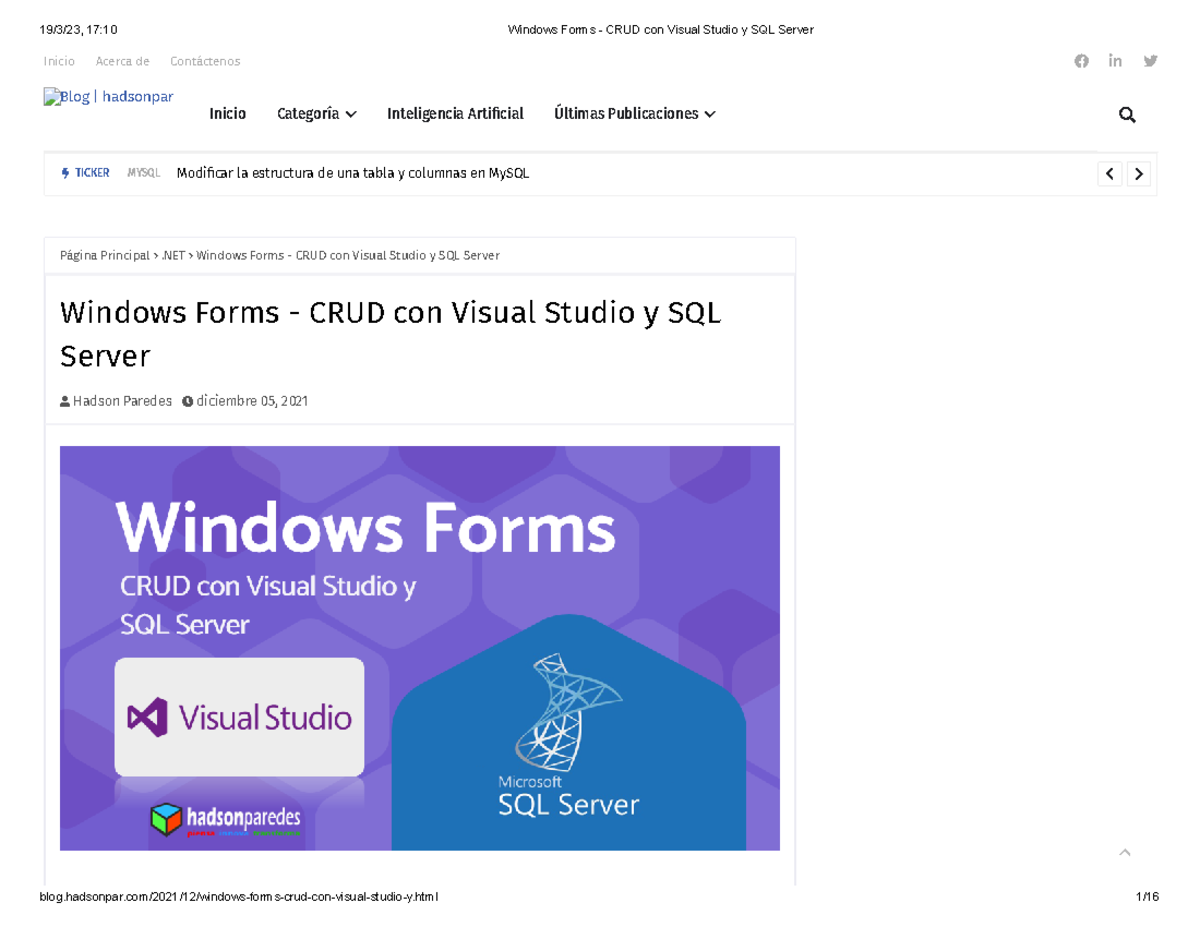 Windows Forms - CRUD con Visual Studio y SQL Server - Inicio Acerca de Contáctenos TICKER - Studocu