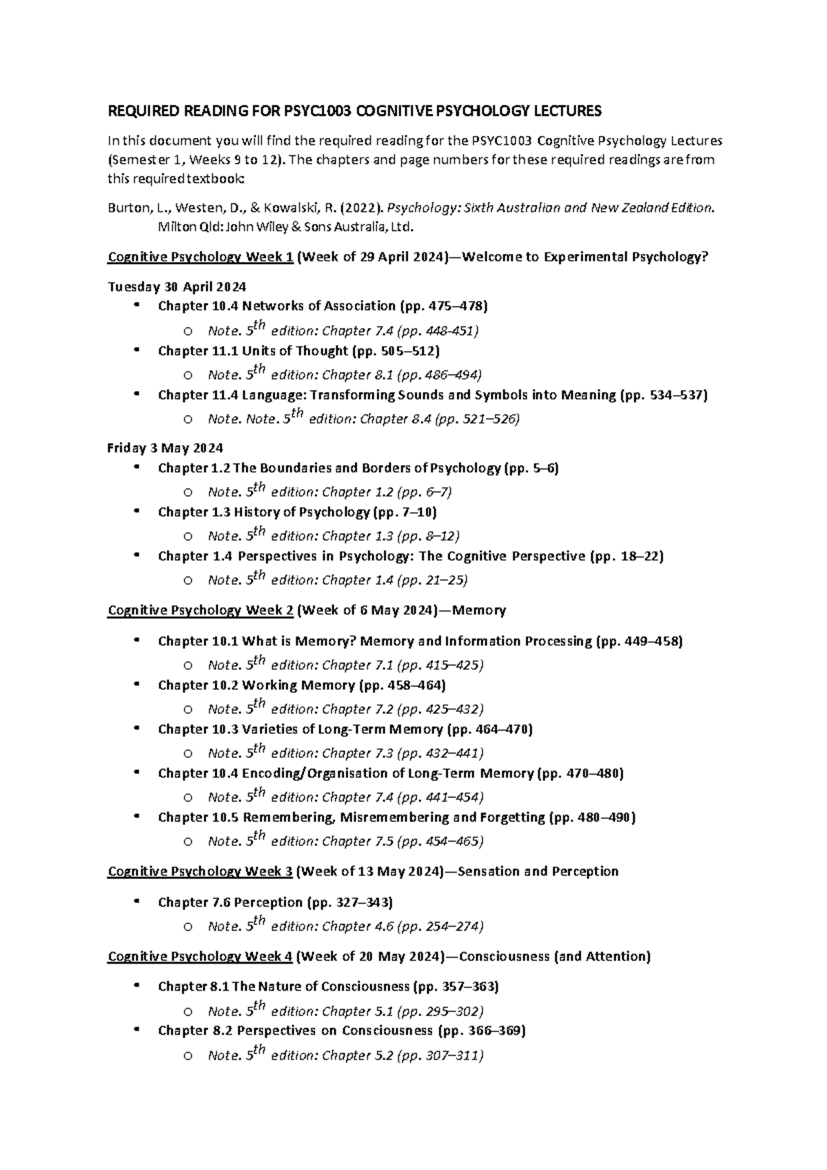 COG reading list - REQUIRED READING FOR PSYC1003 COGNITIVE PSYCHOLOGY ...