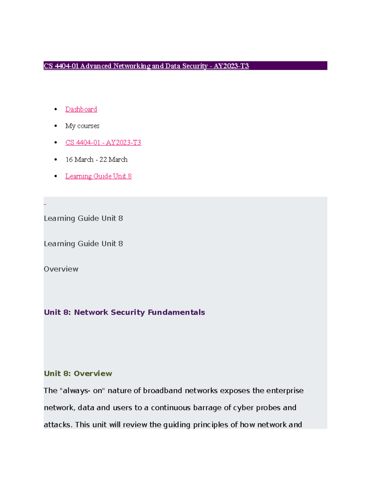 Learning Guide Unit 8- CS 4404 - CS 4404-01 Advanced Networking and Data Security - AY2023-T ...