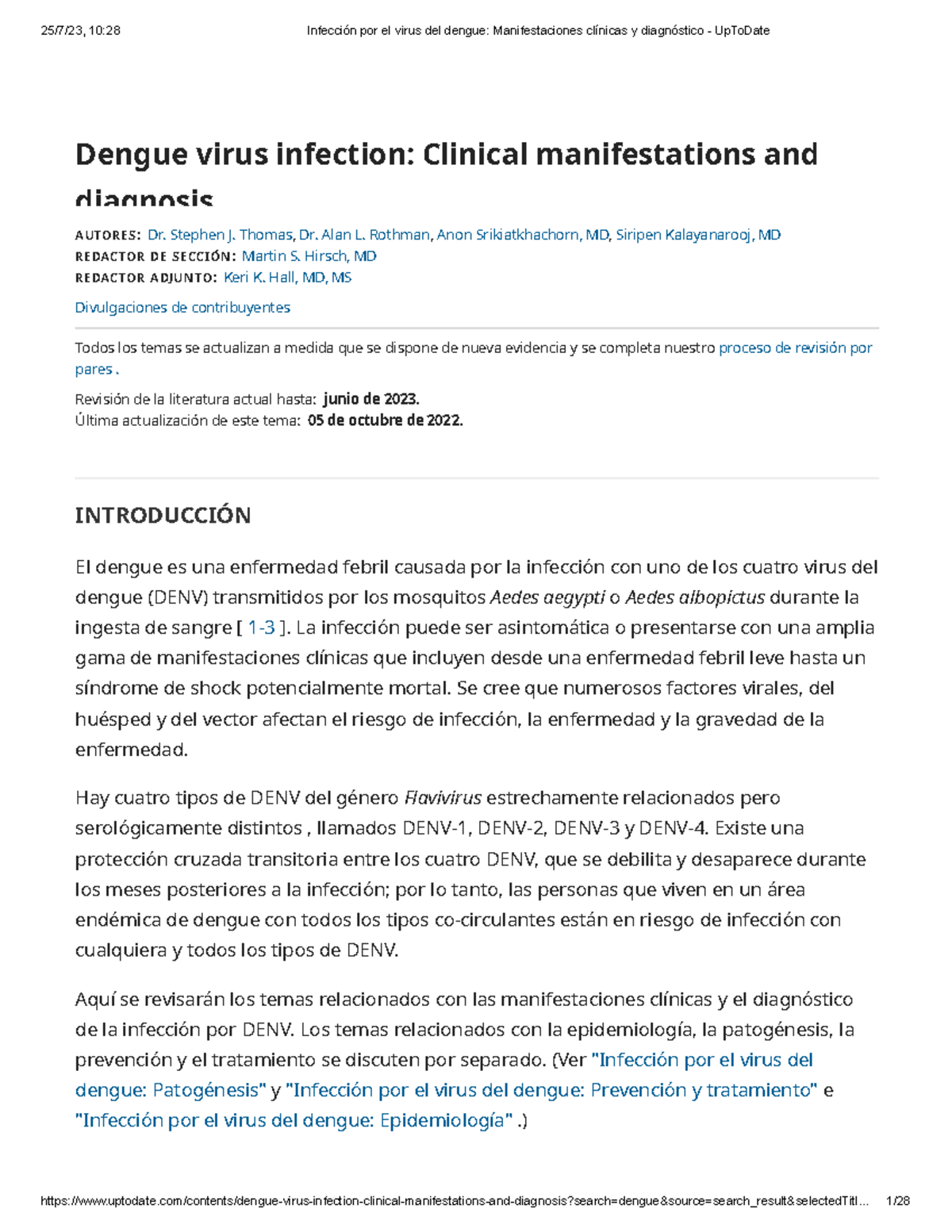 Infección por el virus del dengue Manifestaciones clínicas y diagnóstico - Up To Date - - Studocu