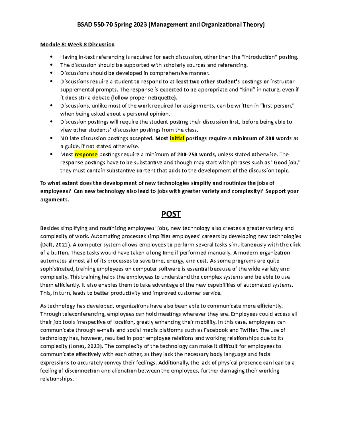 BSAD 550 Week 8 Discussion - Module 8: Week 8 Discussion Having in-text ...