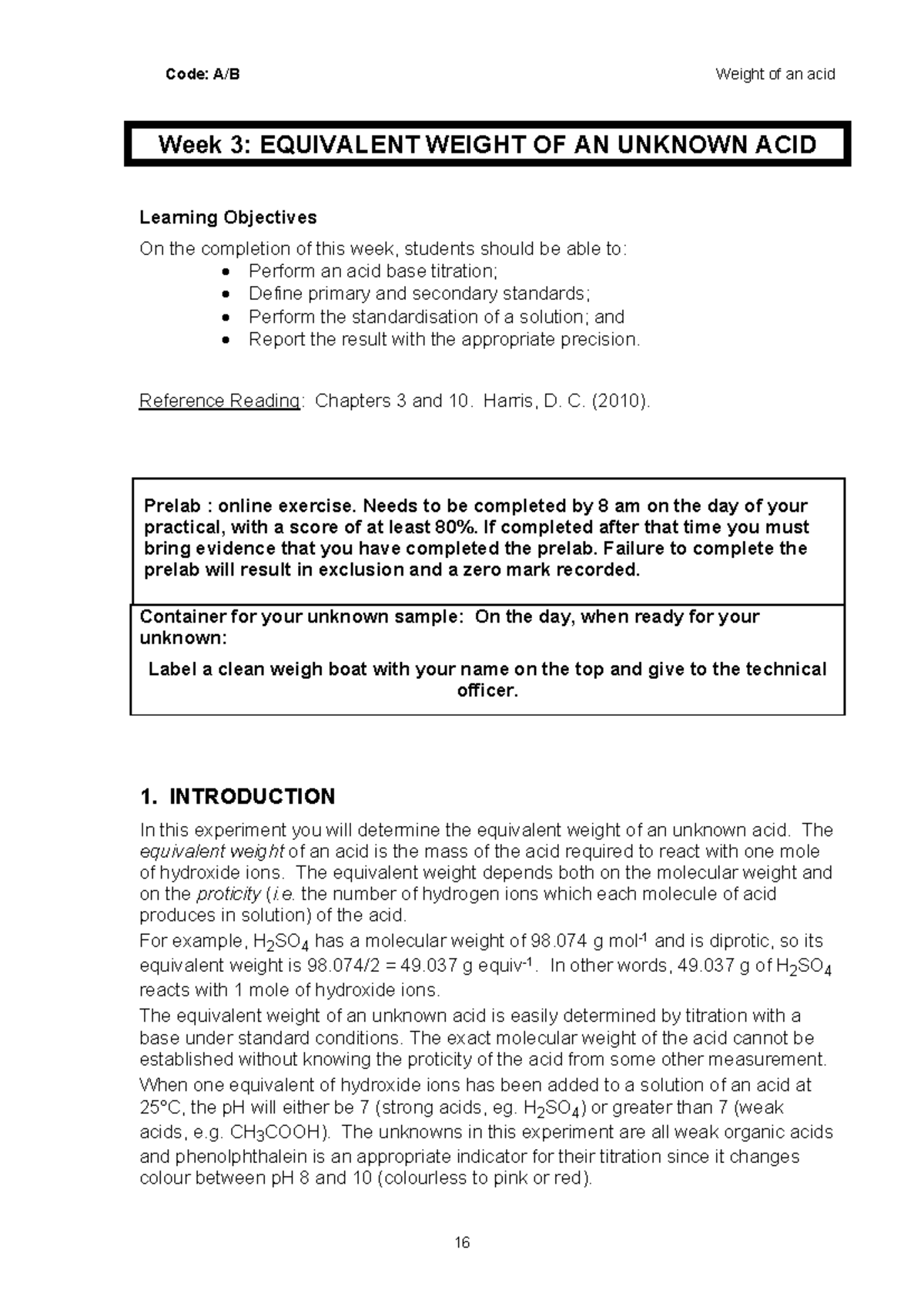 Week 3 - Equiv weight of acid-pg16-19 - Code: A/B Weight of an acid 16 ...