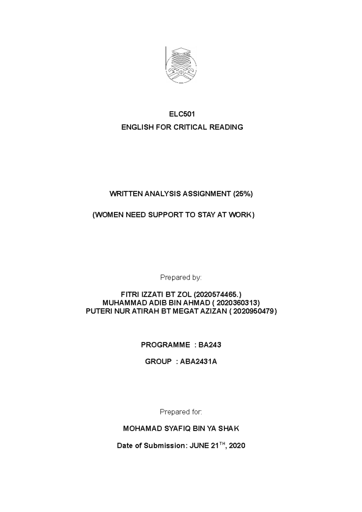 ELC501 Written Analysis ADIB'S - ELC ENGLISH FOR CRITICAL READING ...