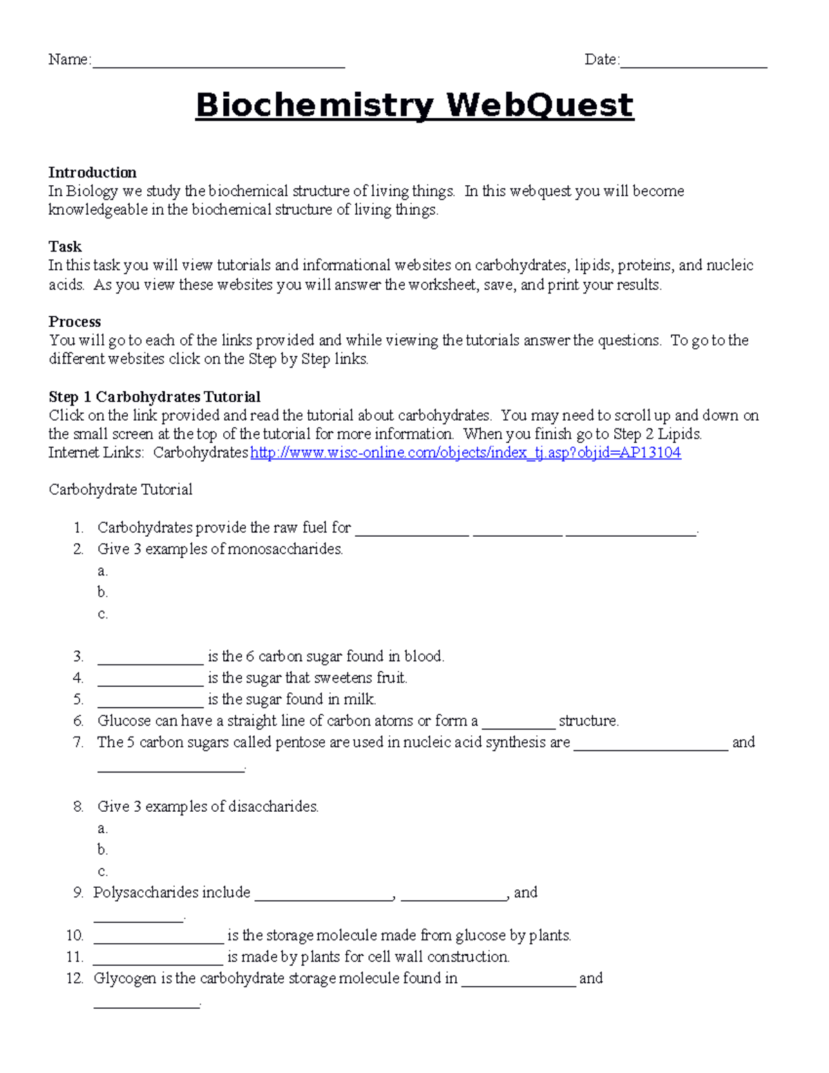 Biochemistry Web Quest Intro (2) - Name ...