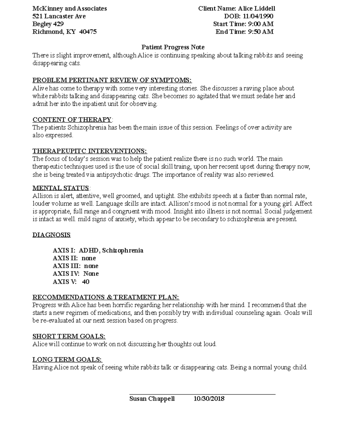 Progress Note - Grade: A - McKinney and Associates Client Name: Alice ...