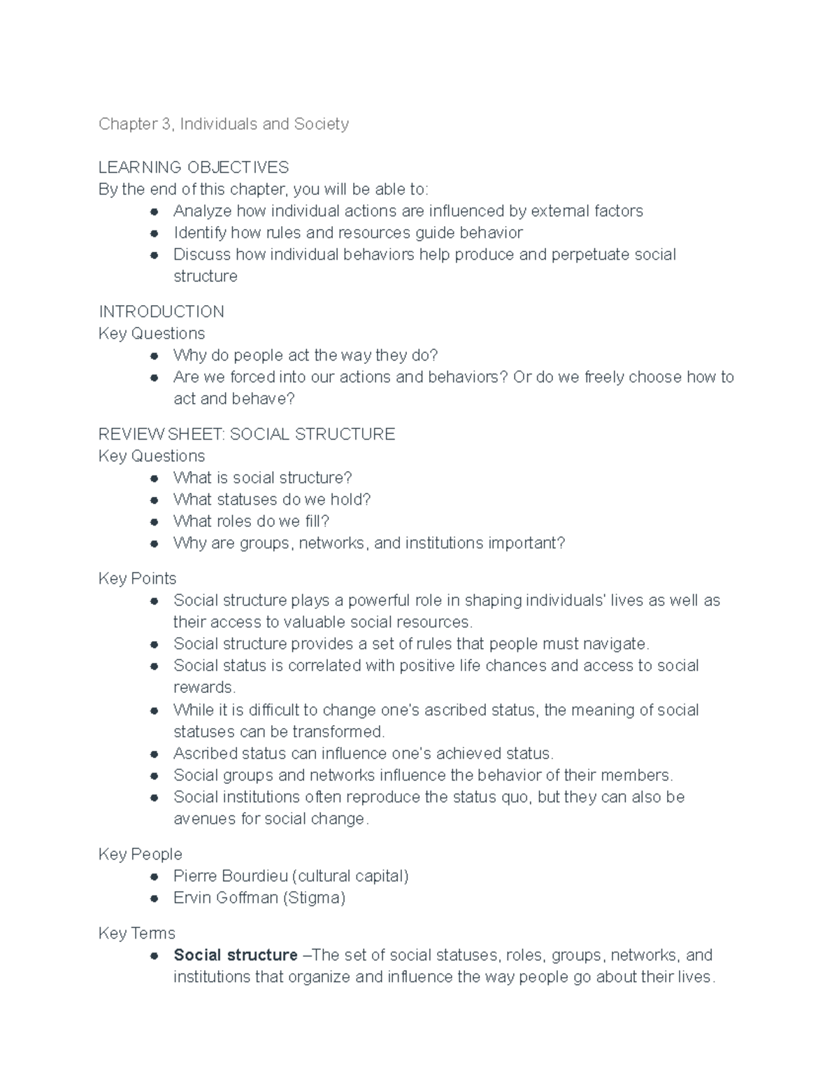 Chapter 3 notes sociology - Chapter 3, Individuals and Society LEARNING ...