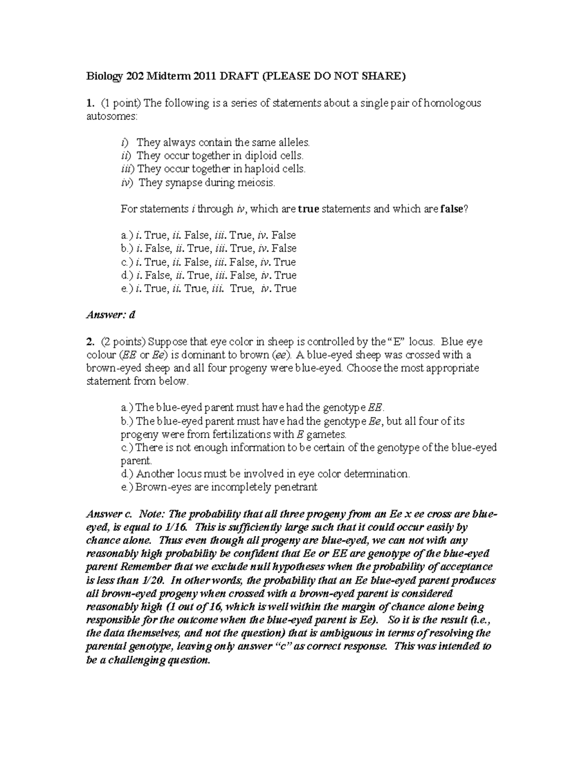 Exam 2011 Questions And Answers Biology 202 Midterm 2011 DRAFT