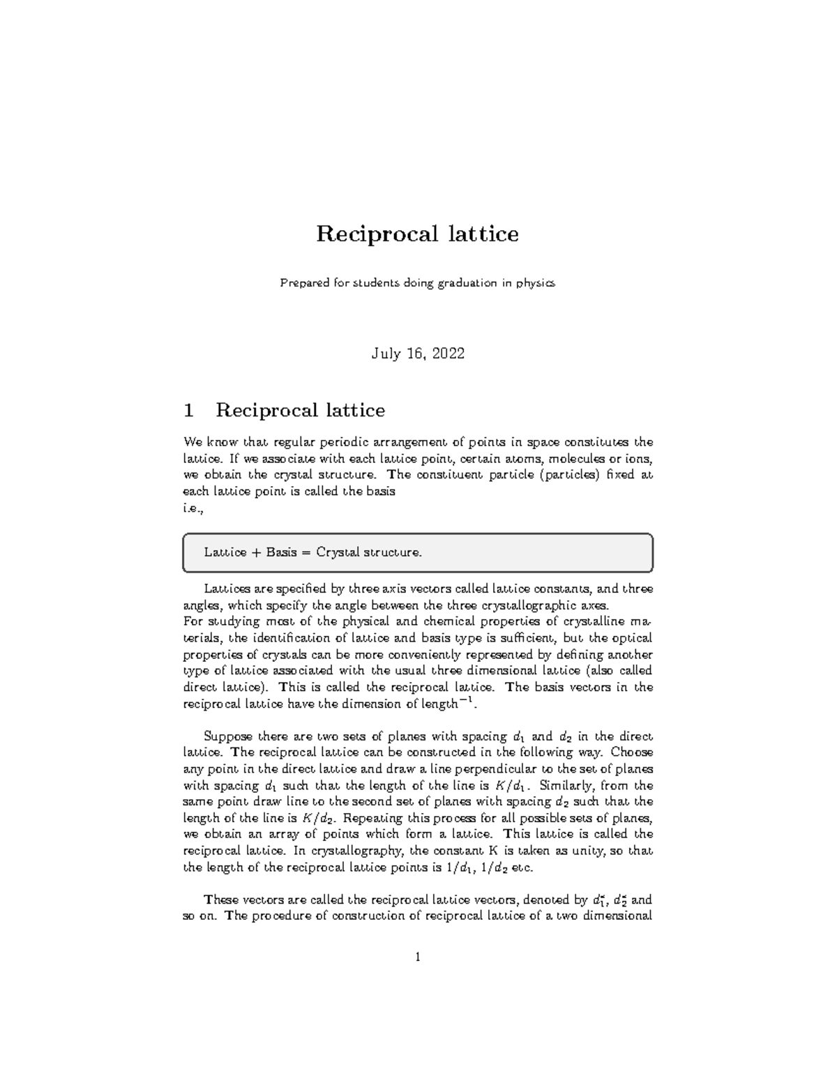 Reciprocal lattice note for graduate students - Reciprocal lattice ...