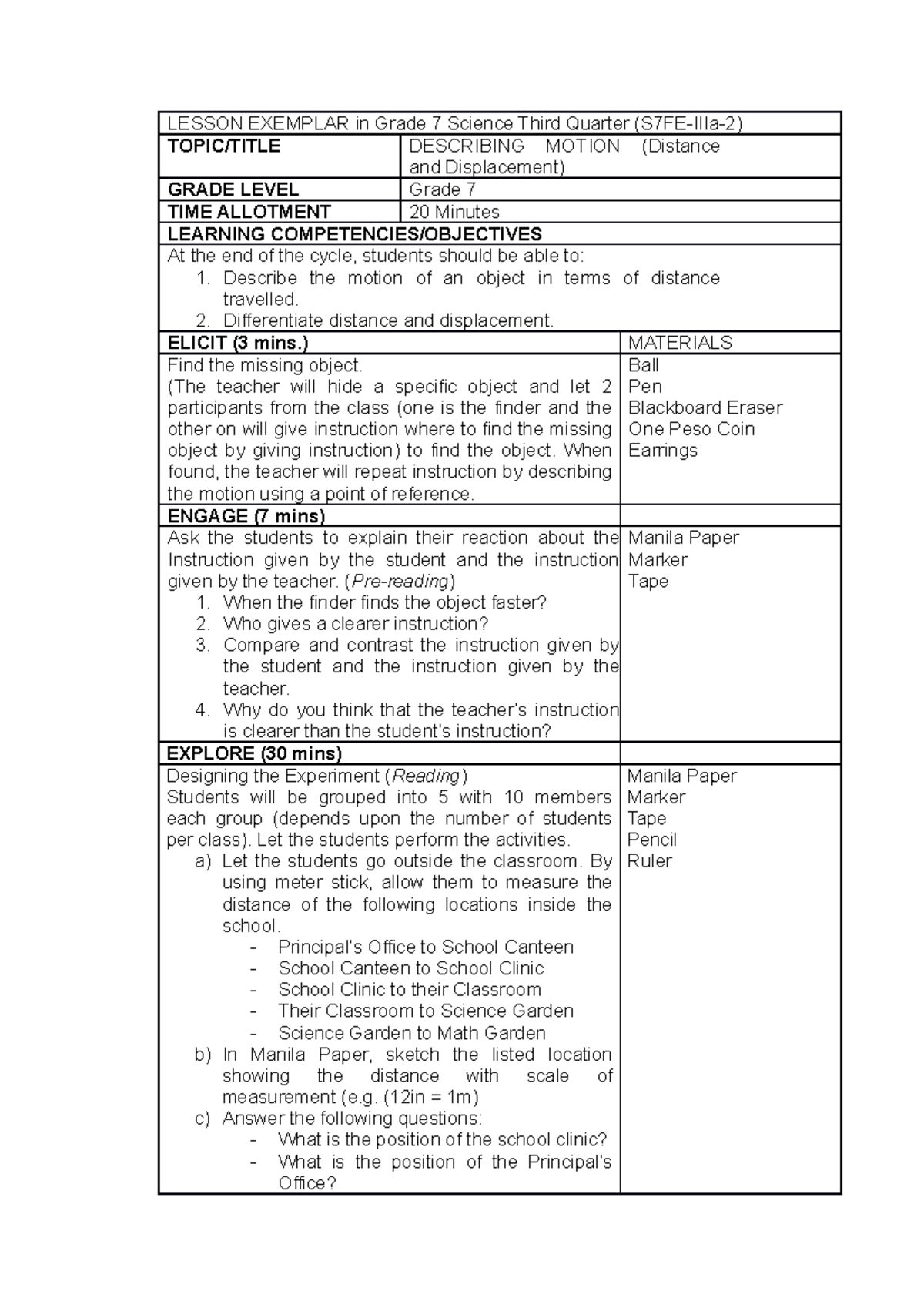 Physics 4 Distance and Displacement - LESSON EXEMPLAR in Grade 7 ...