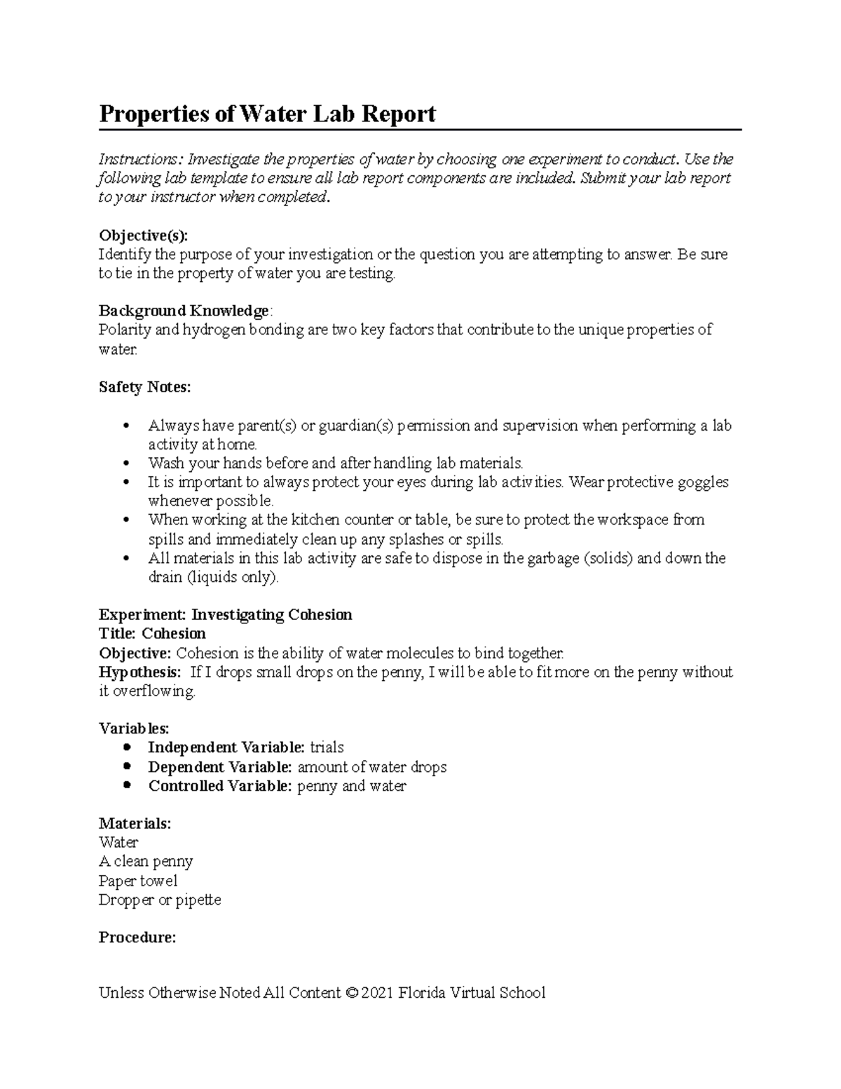 0107 property of matter - Properties of Water Lab Report Instructions ...