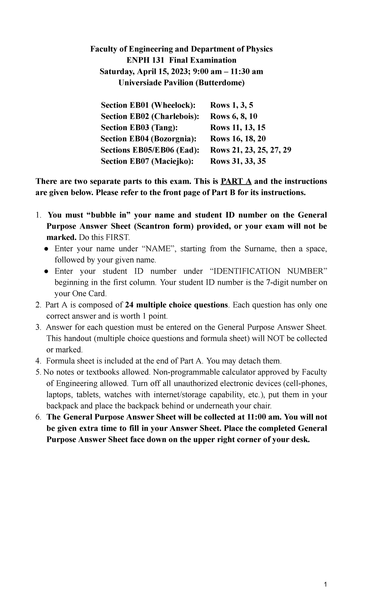 EN PH 131 Final W2023 questions - Faculty of Engineering and Department of Physics ENPH 131 ...