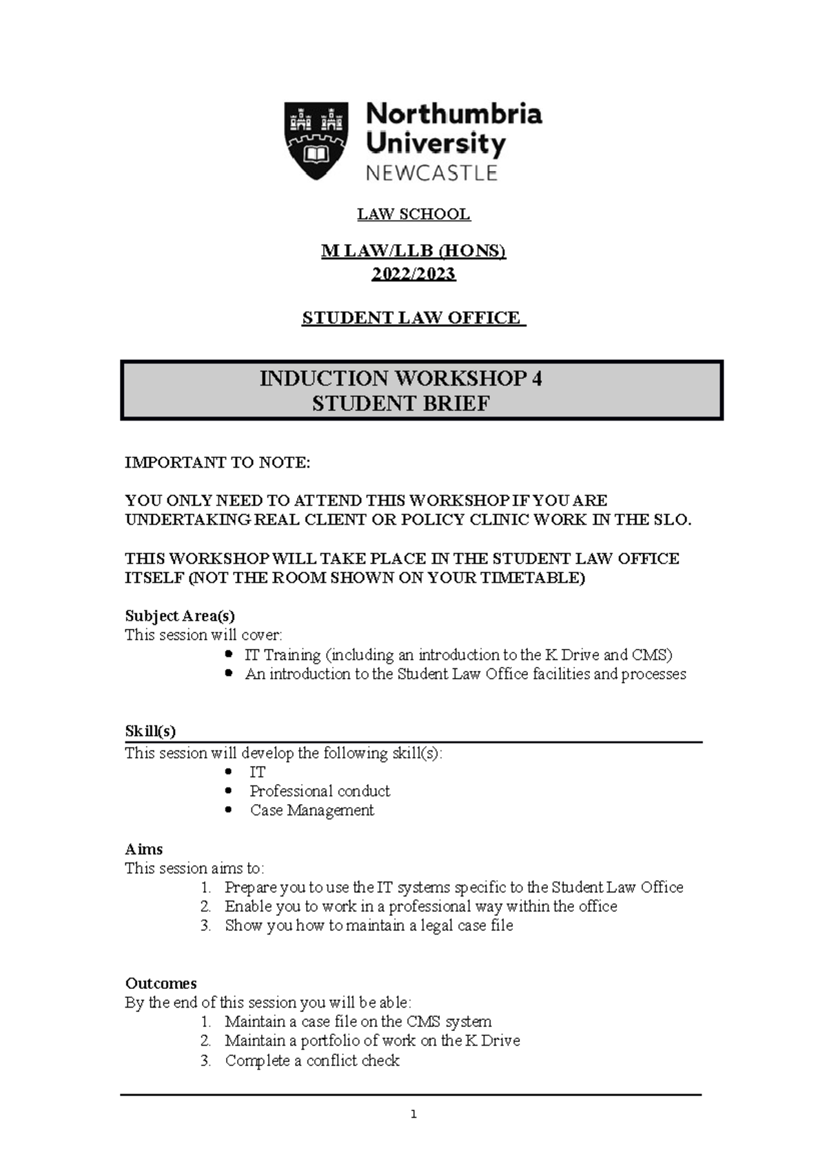 Student brief - induction workshop 4 - LAW SCHOOL M LAW/LLB (HONS) 2022 ...