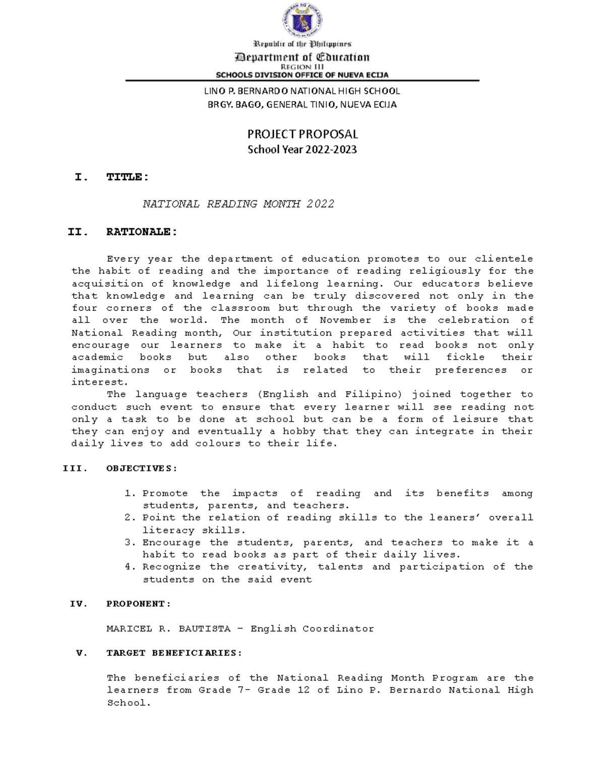 3 - Proposal on how to conduct the said program - BRGY. BAGO, GENERAL ...