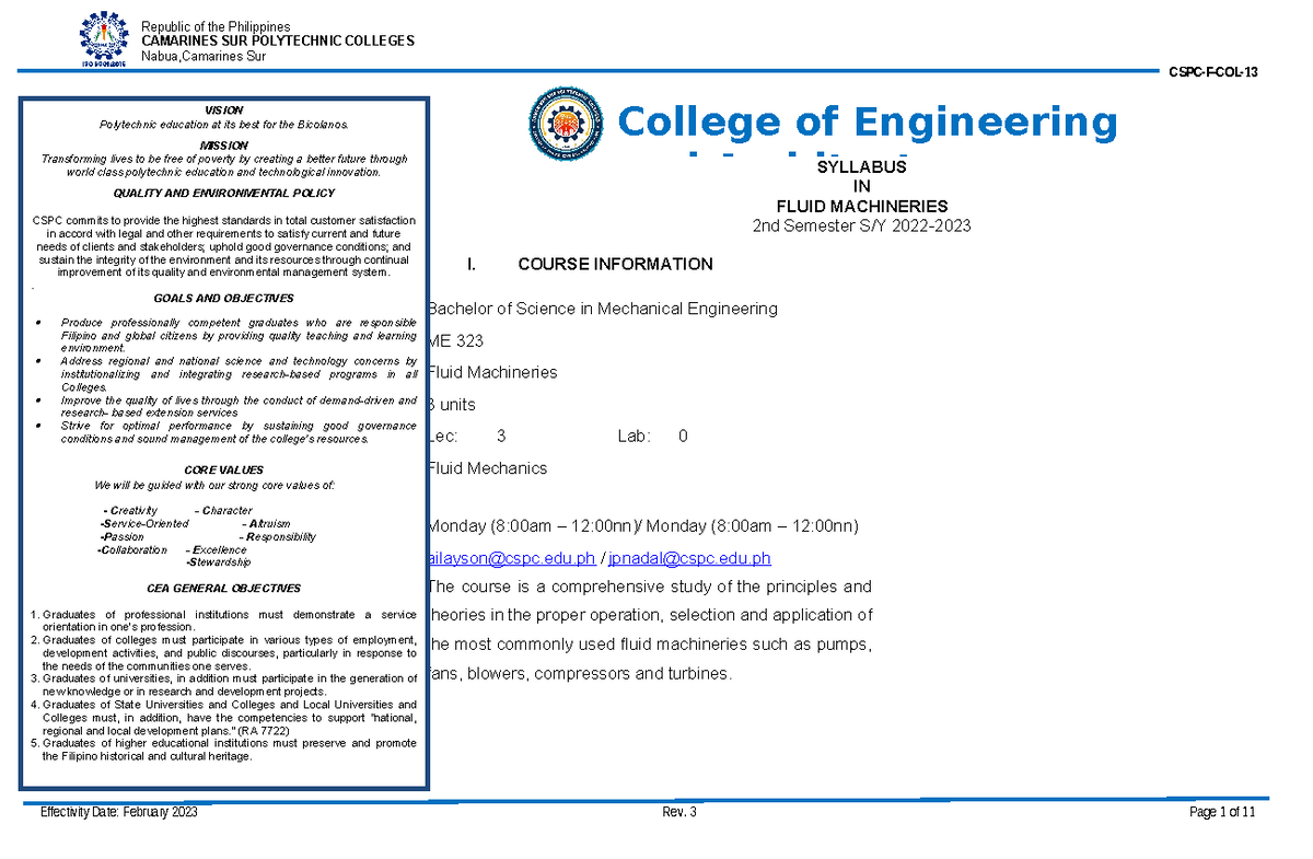 Fluid Machineries - Syllabus - College of Engineering and Architecture ...