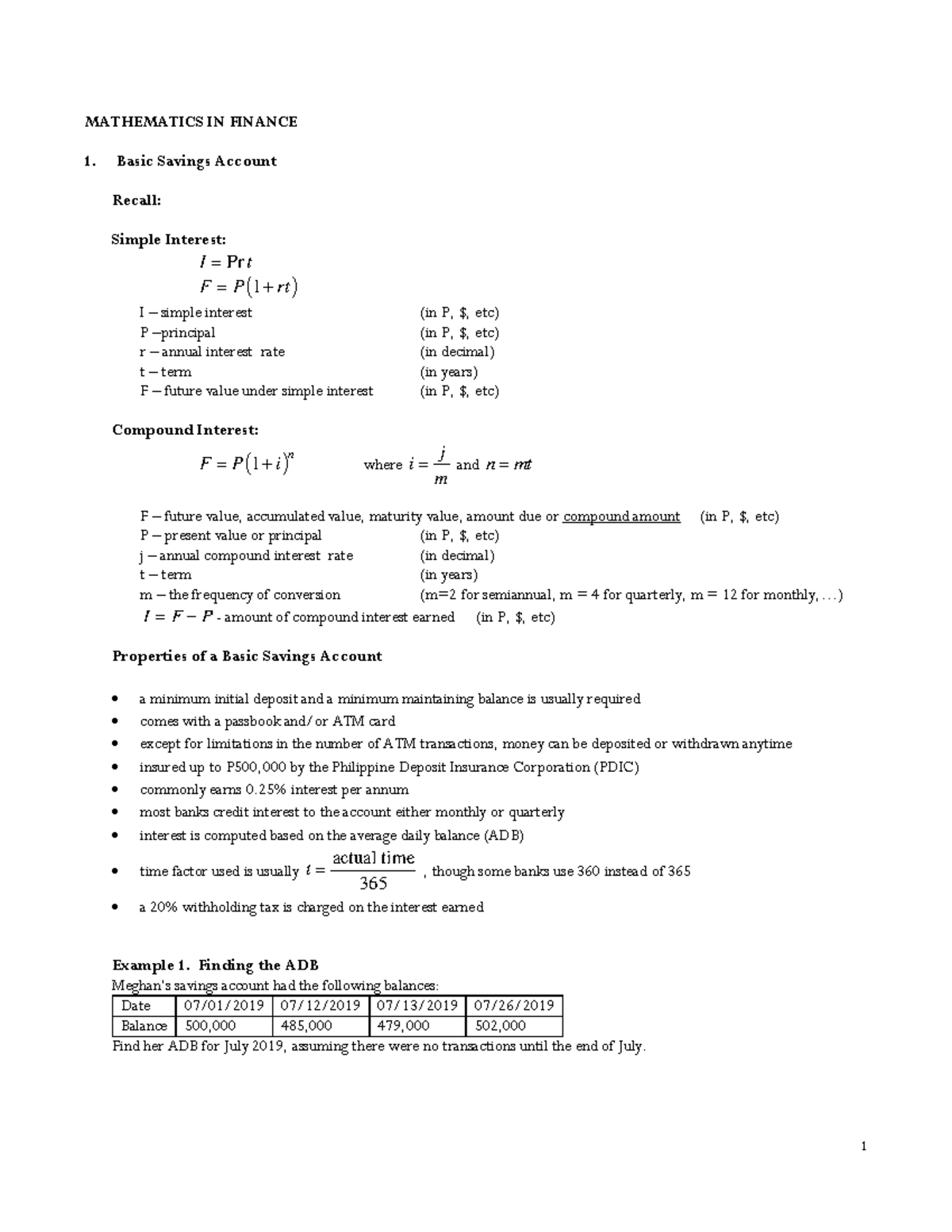 Handout Mathematics in Finance - MATHEMATICS IN FINANCE 1. Basic ...