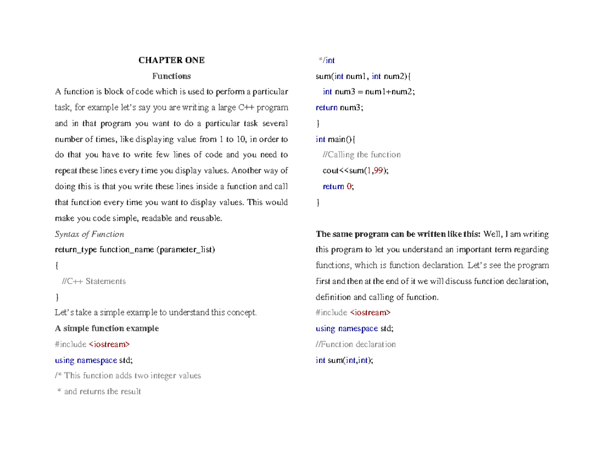 Chapter 1 - Yijghhhjhvg - CHAPTER ONE Functions A function is block of ...