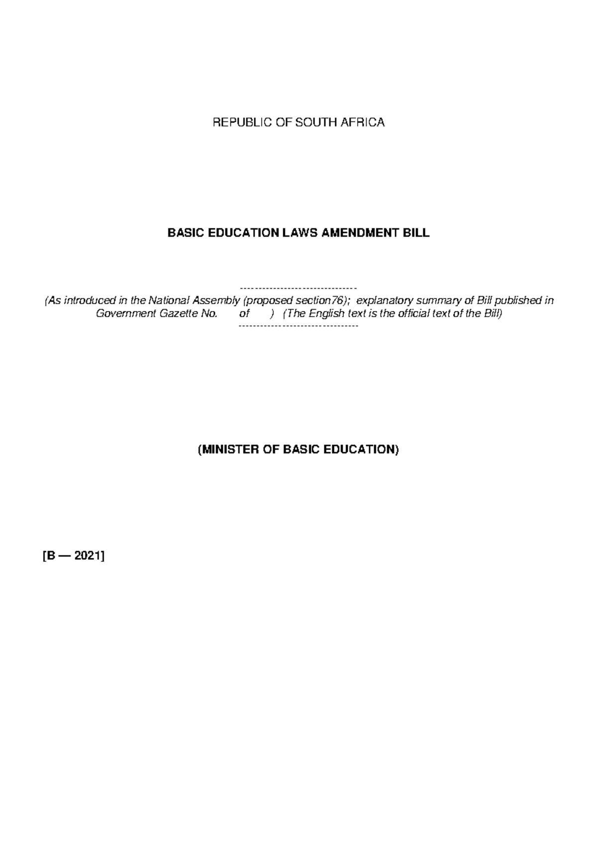 BELA Bill - bela bill - REPUBLIC OF SOUTH AFRICA BASIC EDUCATION LAWS ...