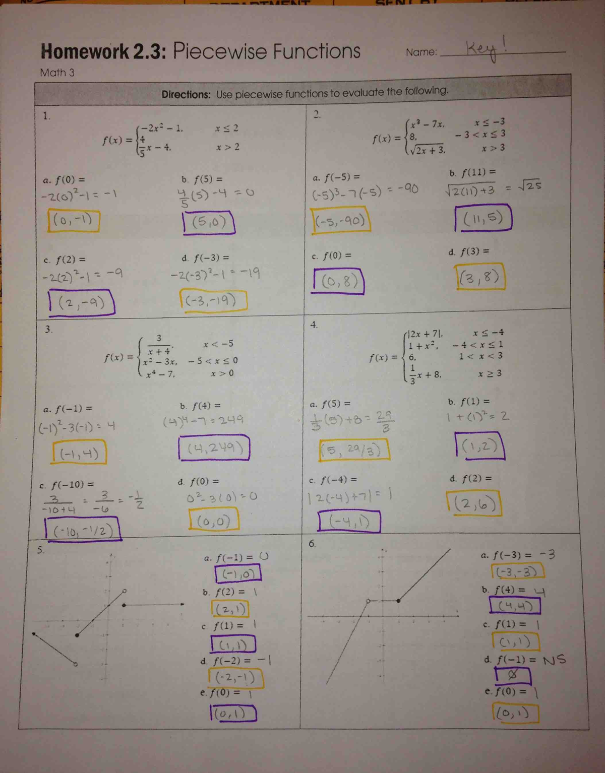 Homework 2.3 solutions 2 - Homework 2: Piecewise Functions Name: Key ...