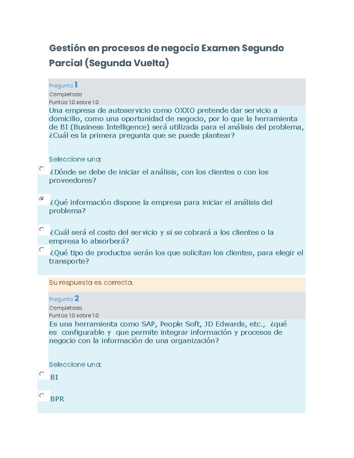 Gestión en procesos de negocio Examen Segundo Parcial - Gestión en procesos de negocio Examen ...
