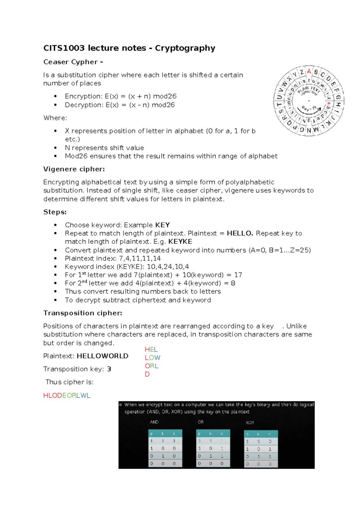 Lecture notes - Cryptography - CITS1003 lecture notes - Cryptography ...
