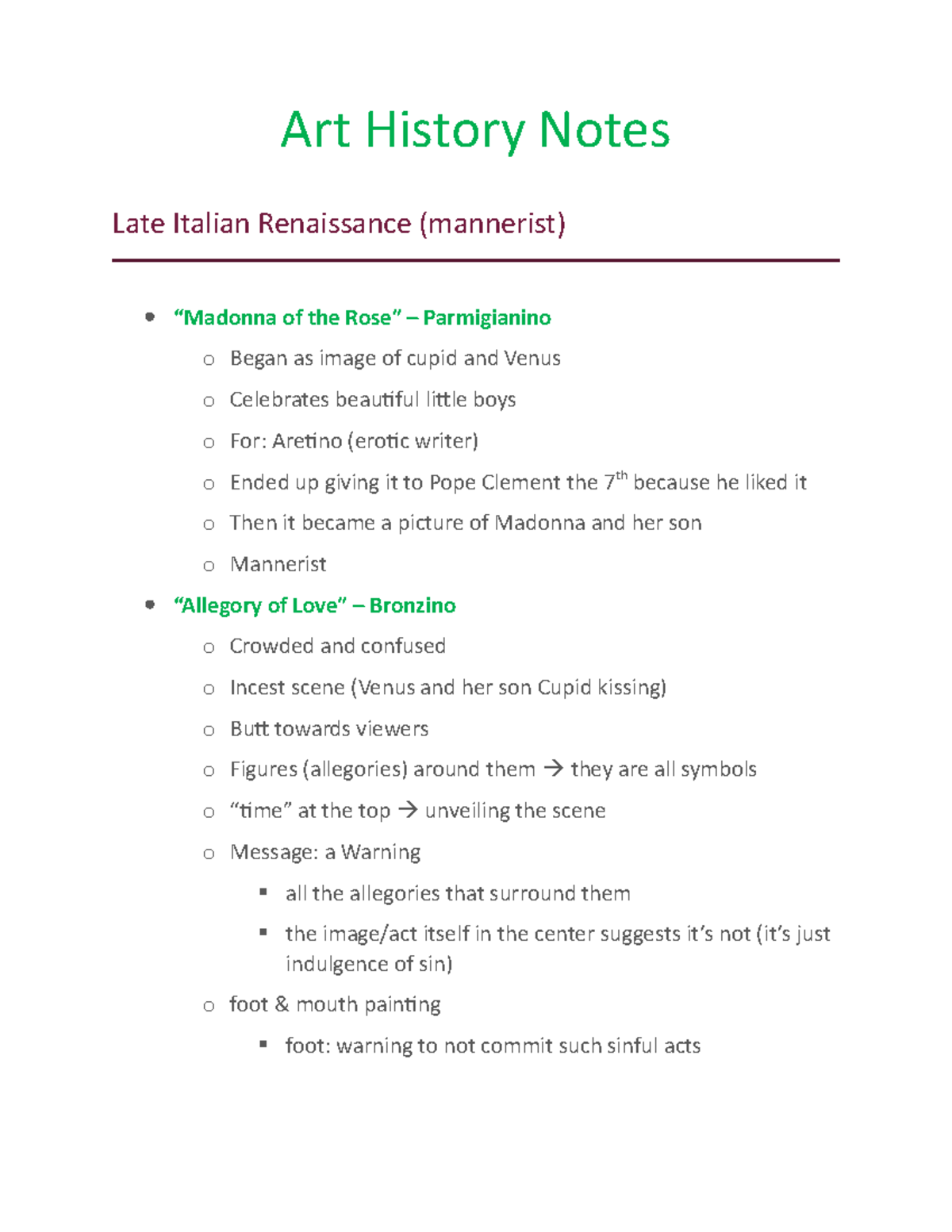 ALL Art History 106 Notes - Art History Notes Late Italian Renaissance ...