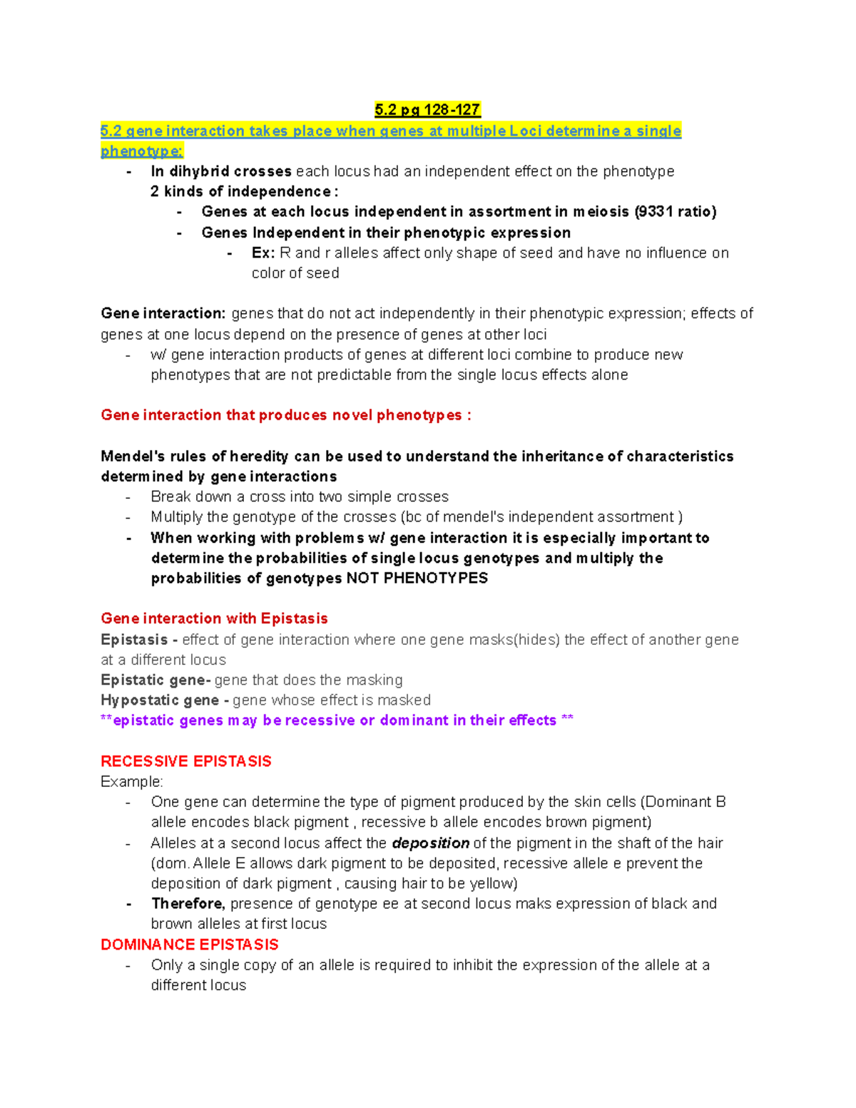 Unit 2 genetics - chapter notes - 5 pg 128- 5 gene interaction takes ...