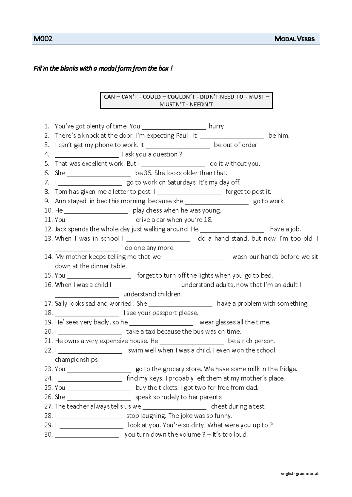 EX2 Modal Verbs - ANSWERS - english-grammar M002 MODAL VERBS Fill in ...