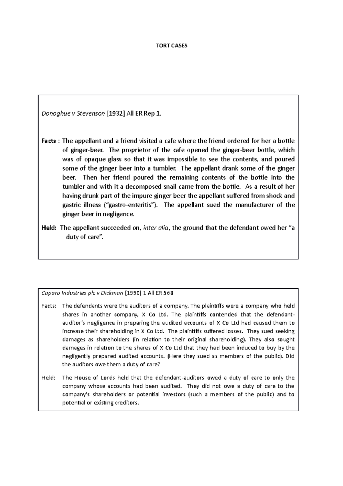 Lecture 2 Tort Case Summaries - TORT CASES Donoghue v Stevenson [1932 ...