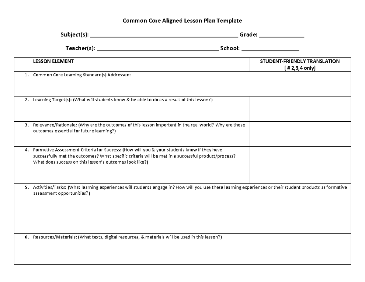 Lesson plan template 01m - Common Core Aligned Lesson Plan Template ...