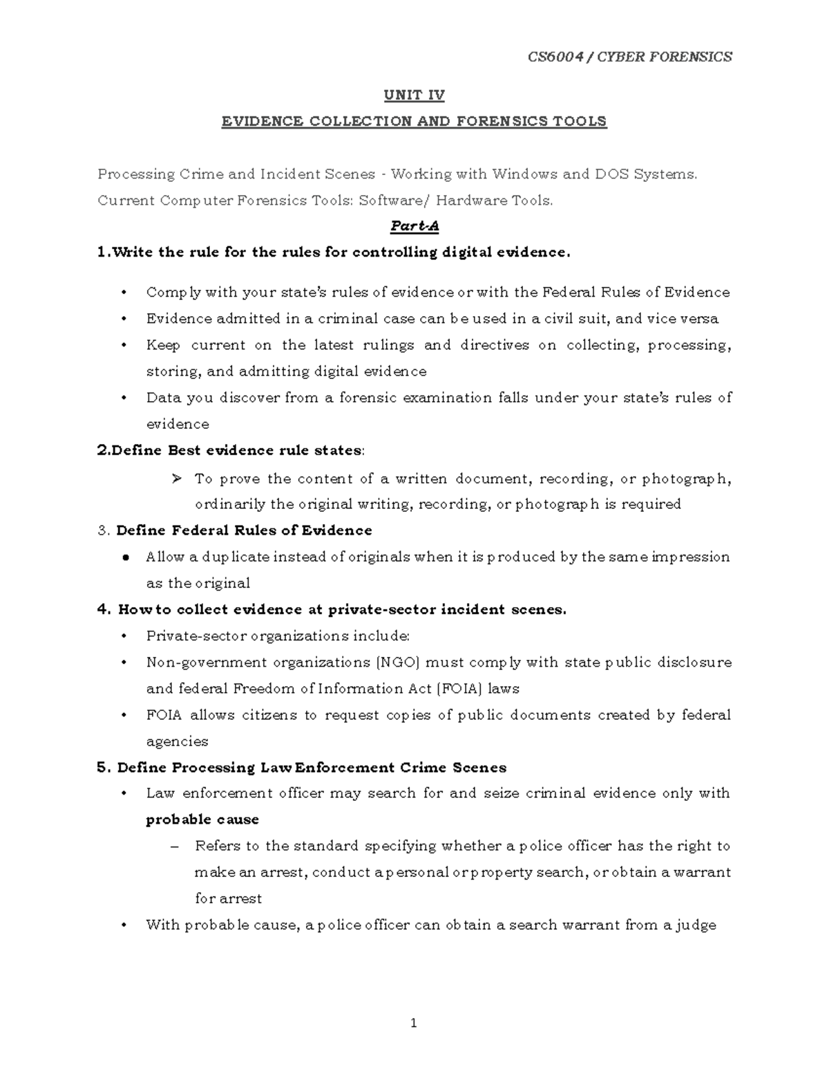 UNIT 4 - EVIDENCE COLLECTION AND FORENSICS TOOLS notes - UNIT IV ...