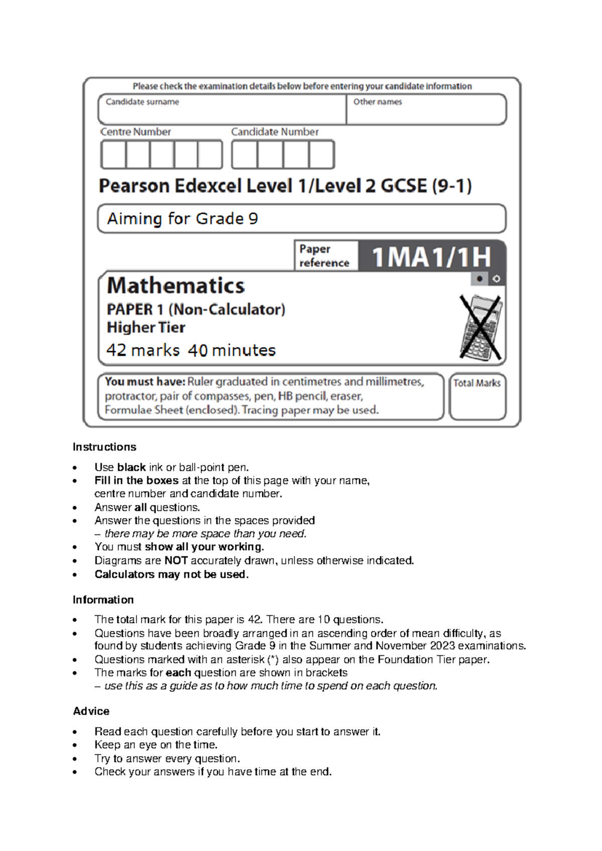 01a 1MA1 1H Spring 2024 Aiming for Grade 9 (pdf) - Instructions Use ...