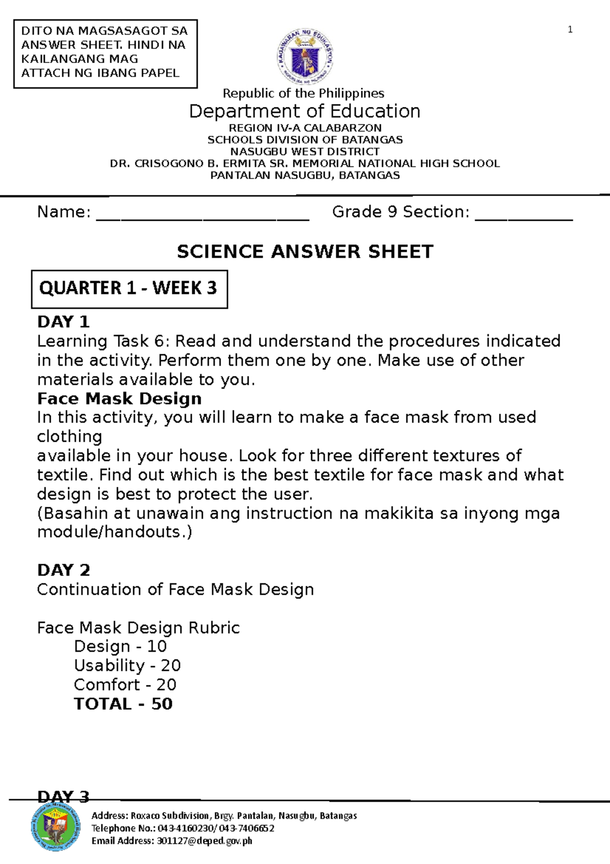 WEEK 3 and 4 - Activity sheets and answer sheets - Name: __________________________ Grade 9 ...