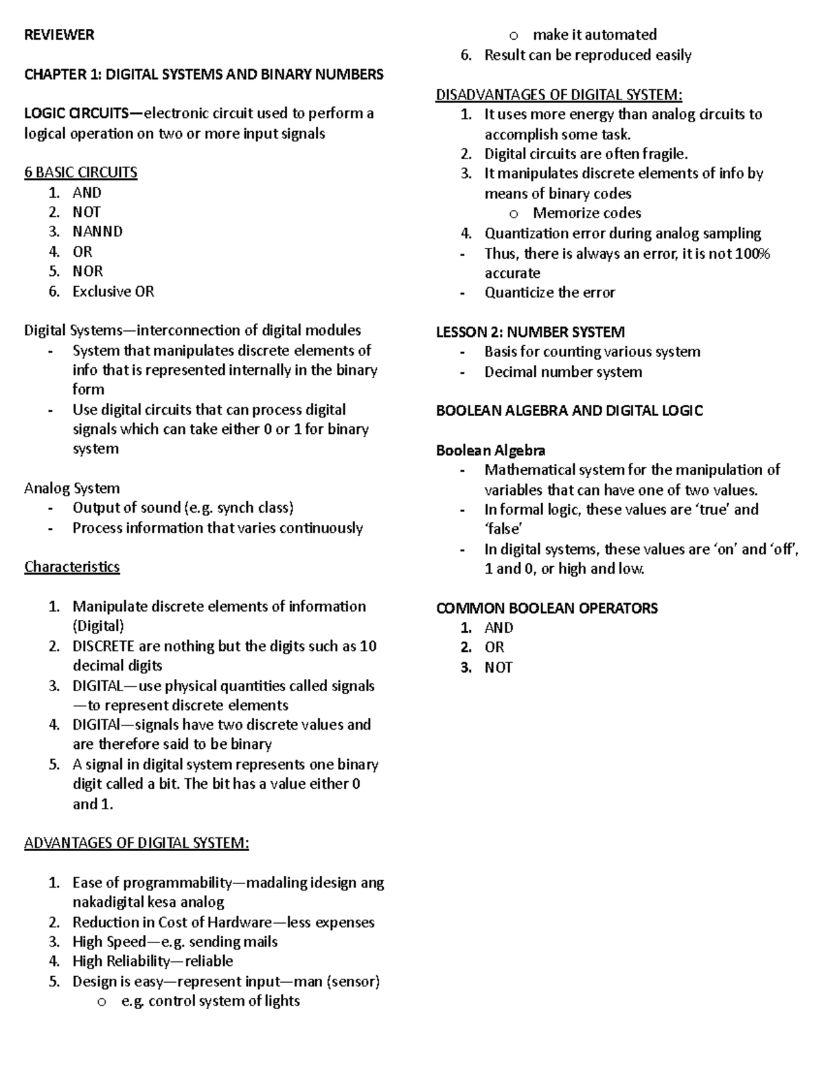 LOGIC CIRCUITS AND SWITCHING THEORY REVIEWER - REVIEWER CHAPTER 1 ...