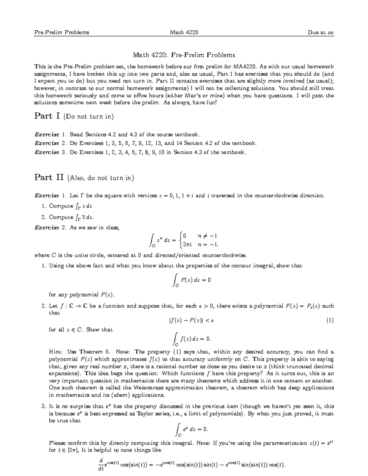MA4220 Pre Prelim Problems - Pre-Prelim Problems Math 4220 Due at ∞ Math 4220: Pre-Prelim ...