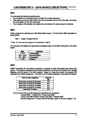 LAB 1 - study well ok - LAB EXERCISE 1 JAVA BASICS CSC186 Lab 1 Write ...