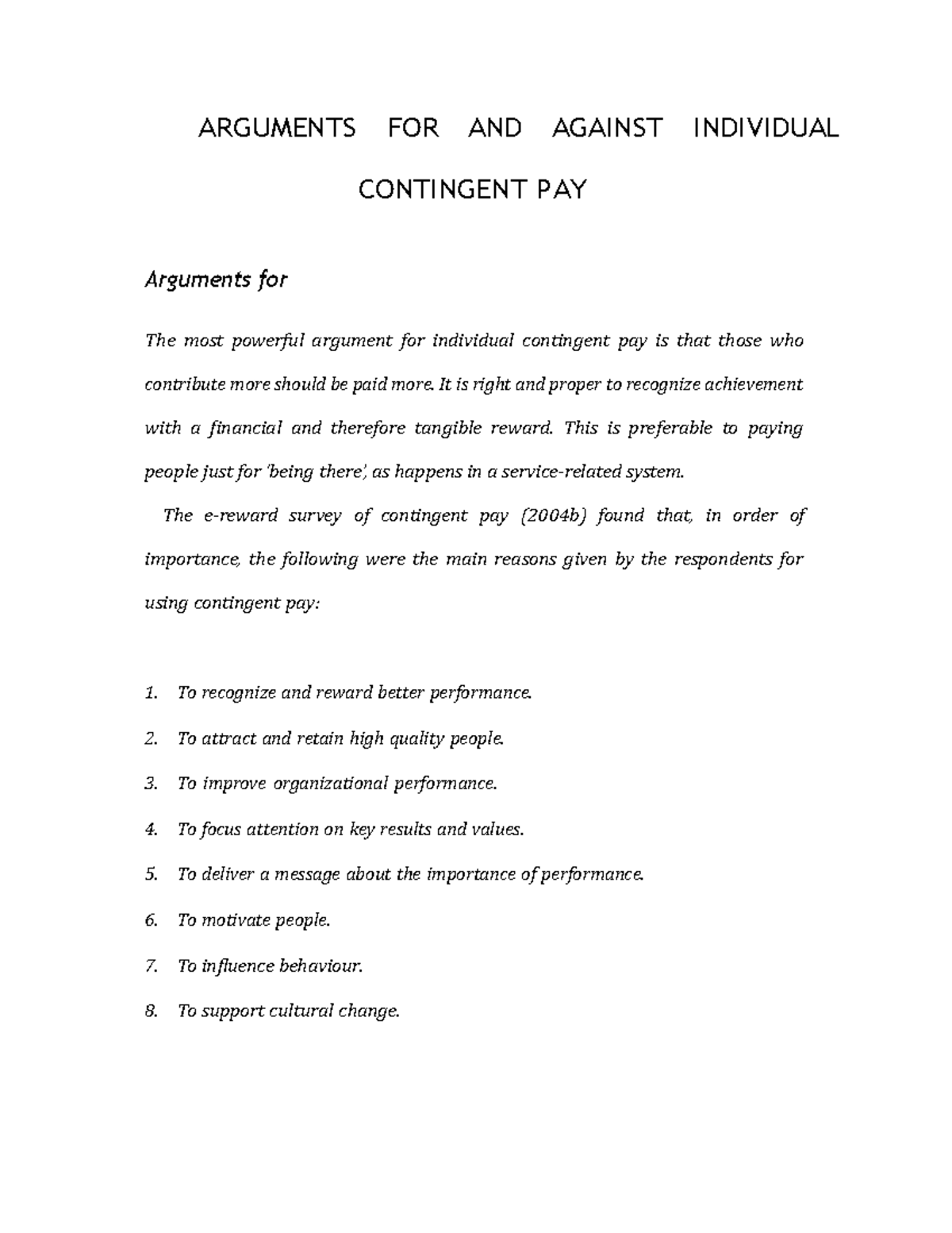 Arguments FOR AND Against Individual Contingent PAY - ARGUMENTS FOR AND ...