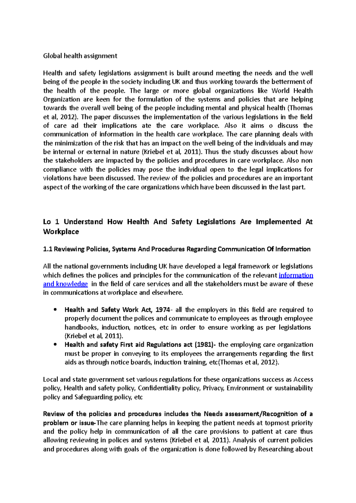 Global health assignment - Global health assignment Health and safety ...