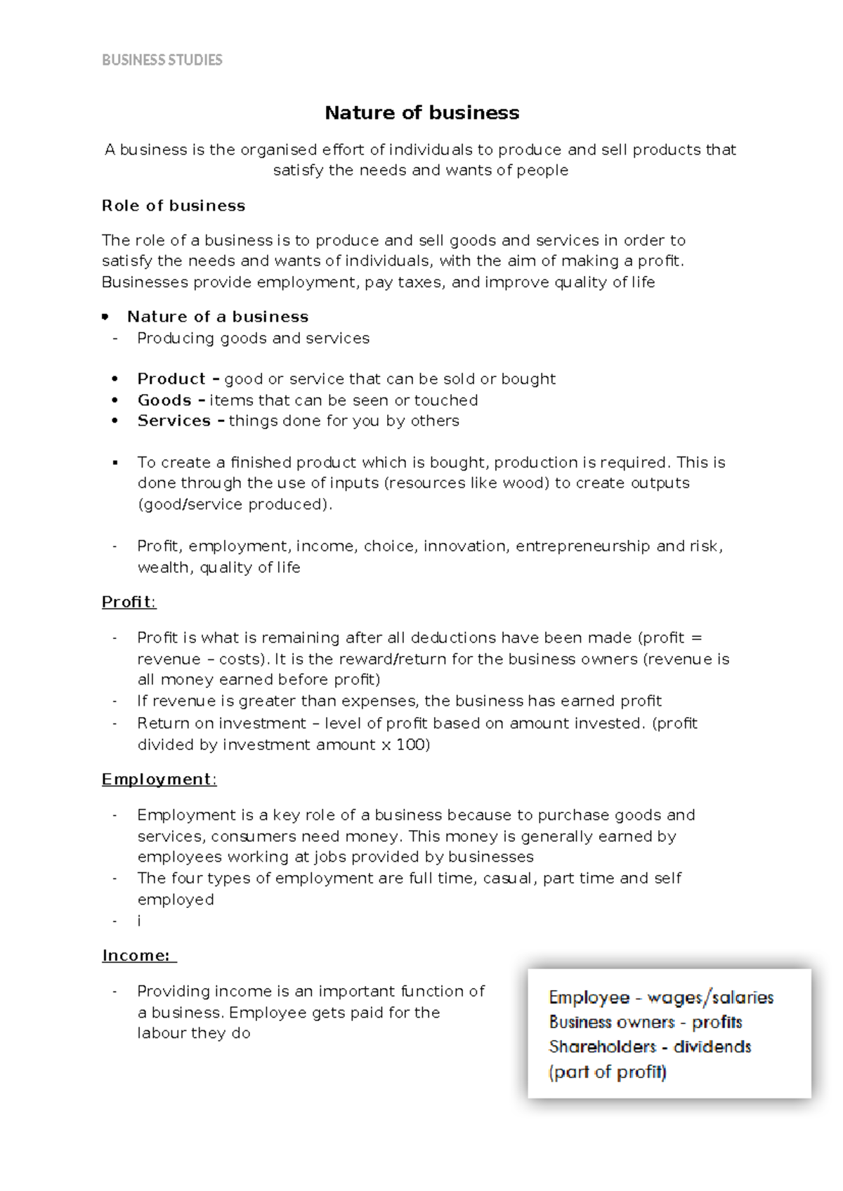 Business notes - complete - Nature of business A business is the ...
