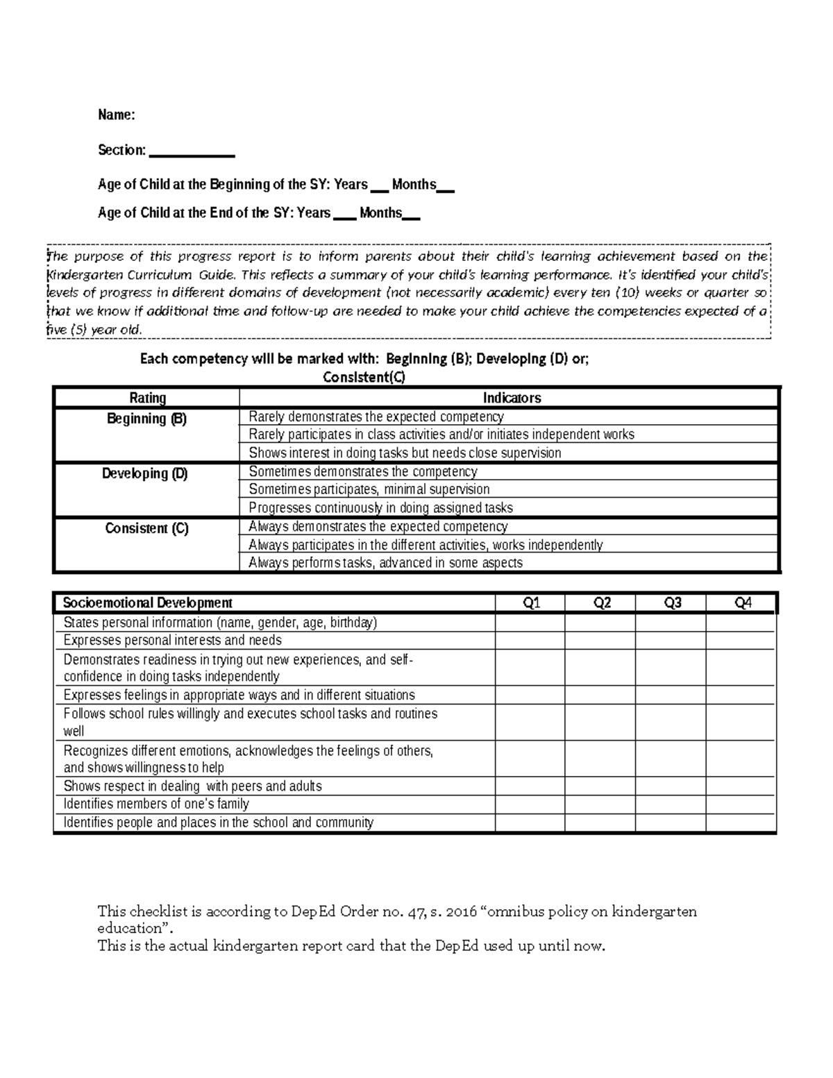 ECCD- Checklist - EARLY CHILDHOOD EDUCATION TEACHERS - Name: Section ...