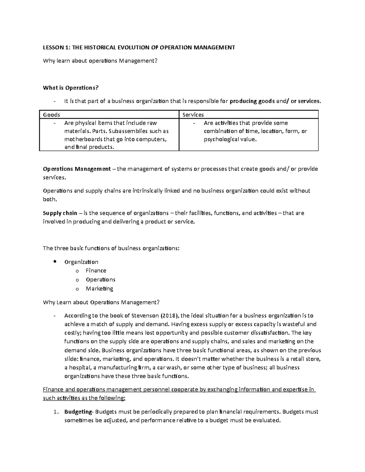 Operations management - LESSON 1: THE HISTORICAL EVOLUTION OF OPERATION MANAGEMENT Why learn ...