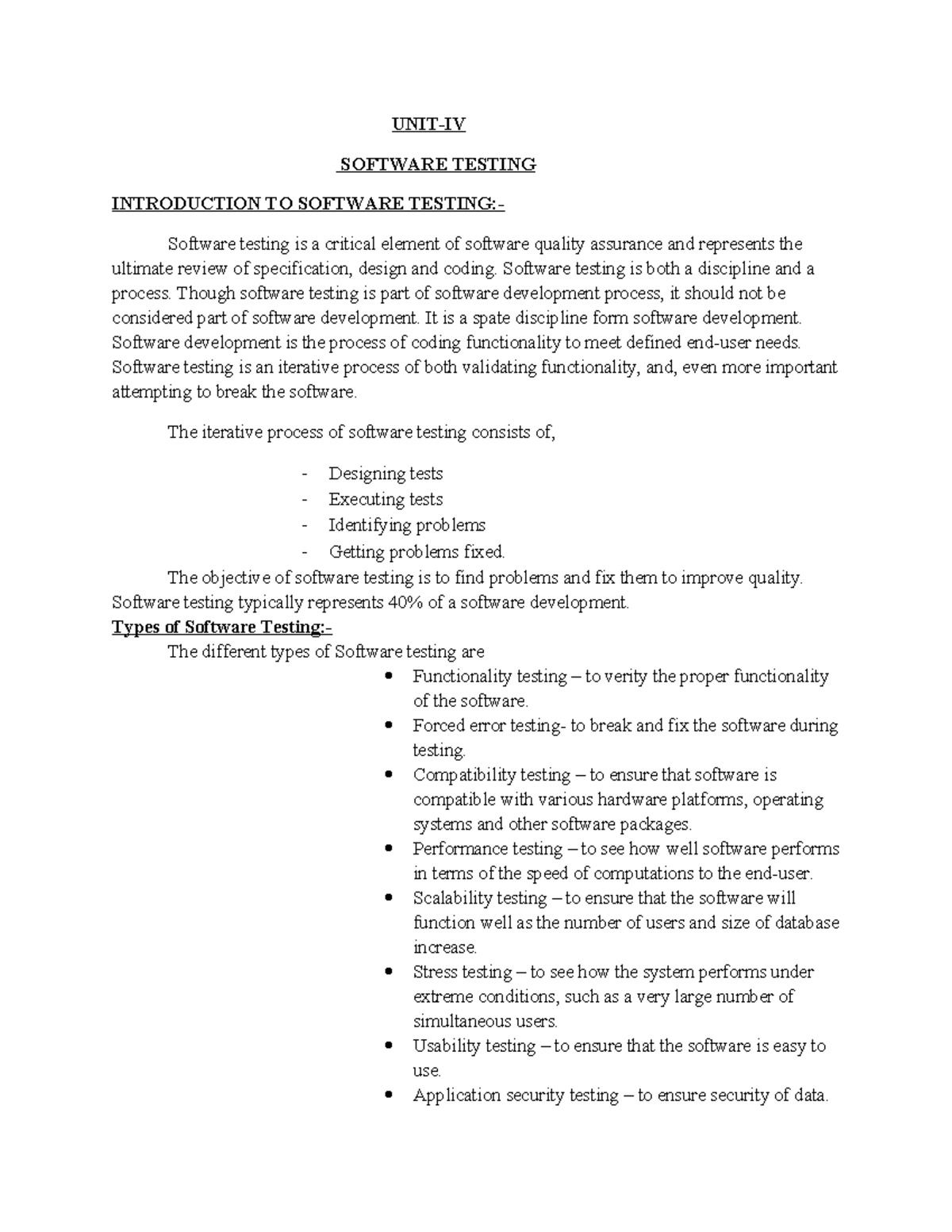 Seunit-IV - cse - UNIT-IV SOFTWARE TESTING INTRODUCTION TO SOFTWARE ...