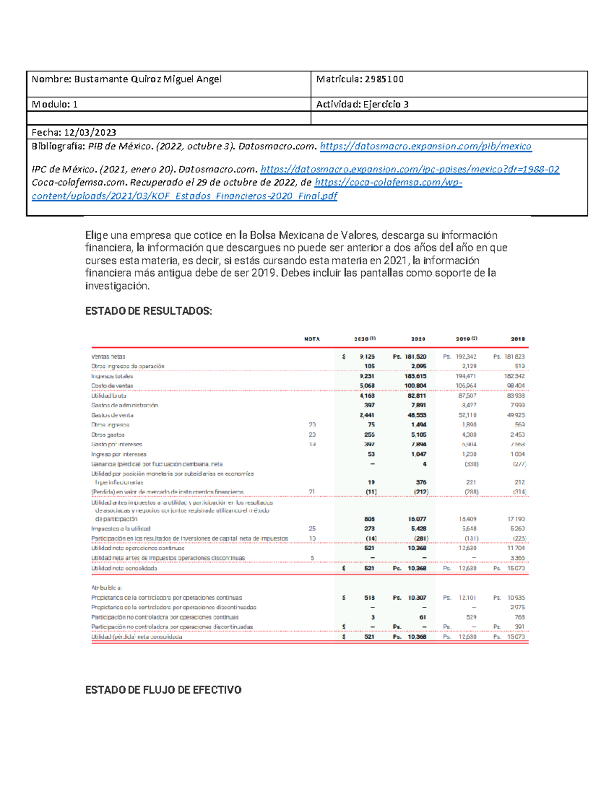 Ejercio 3 Administtracion financiera - Nombre: Bustamante Quiroz Miguel Angel Matricula: 2985100 ...