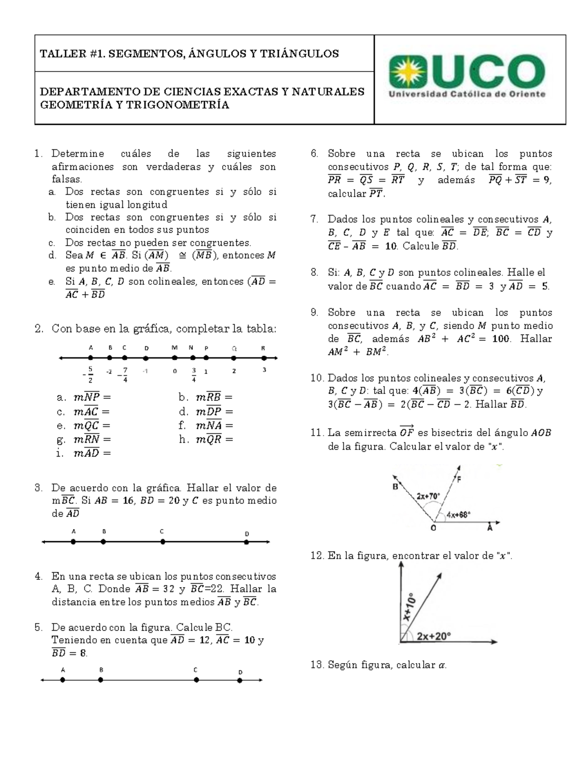 Taller#1 Geometría y Trigonometría - TALLER #1. SEGMENTOS, ¡NGULOS Y TRI¡NGULOS DEPARTAMENTO DE ...