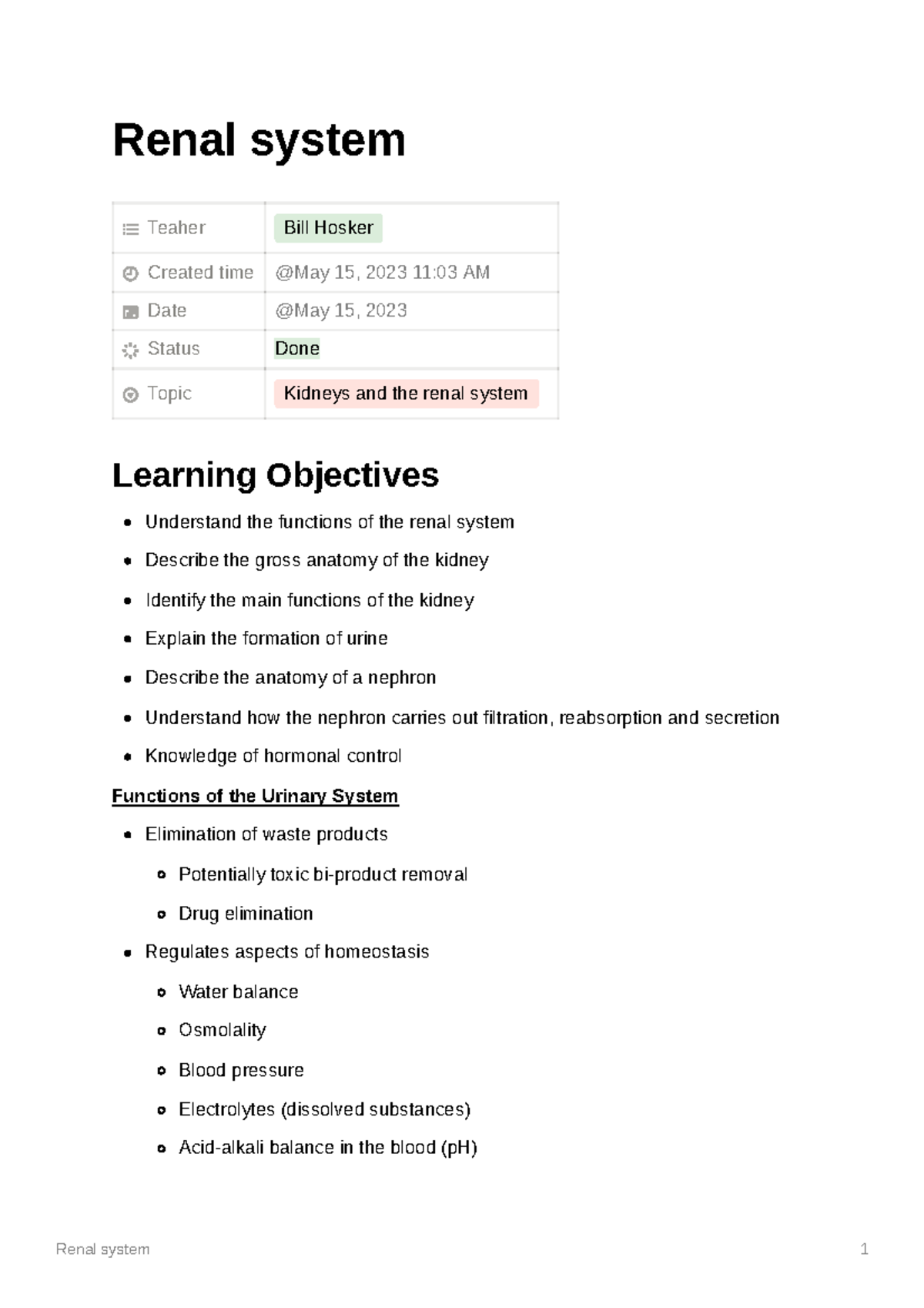 The Renal system - Renal system Teaher Bill Hosker Created time Date ...