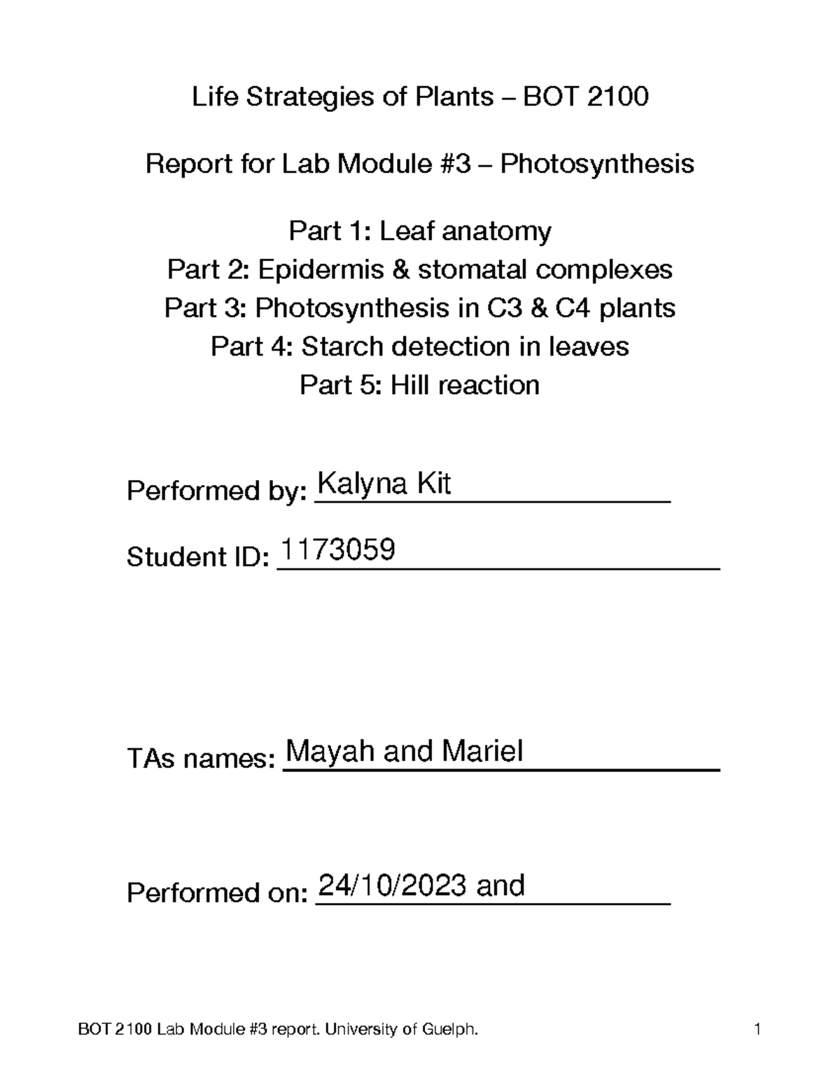 BOT 2100 Lab Module 3 F23 Report (fillable PDF) - Life Strategies of ...