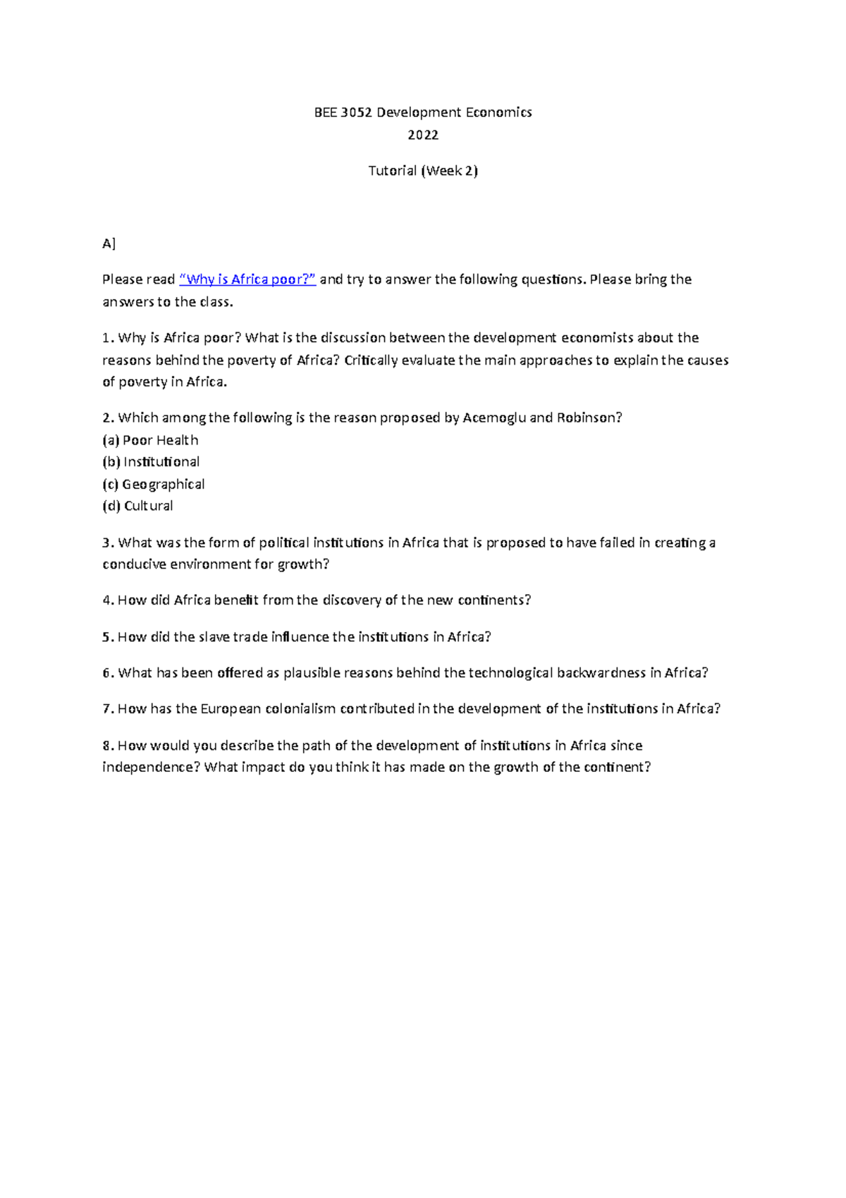 Preparation for Tutorial Week2 - BEE 3052 Development Economics 2022 ...