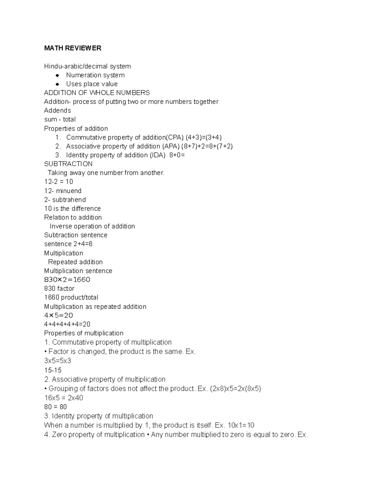 MATH Reviewer - nothing - MATH REVIEWER Hindu-arabic/decimal system ...